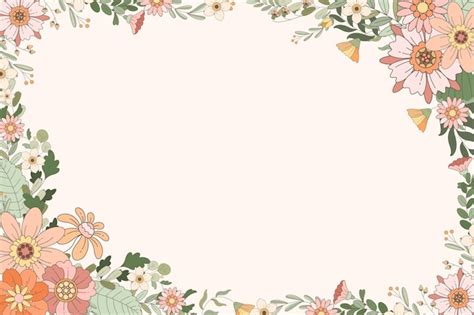 손으로 그린 그루비 레트로 꽃 프레임 배경 프리미엄 벡터