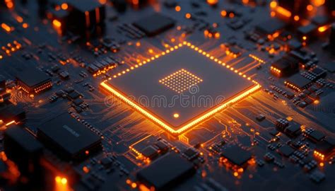 Close Up Of A Glowing Microprocessor On A Circuit Board At Night Stock Image Image Of
