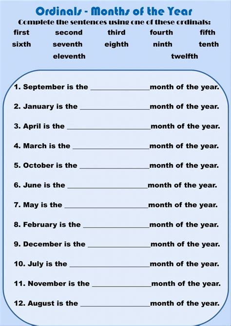 Ordinal Numbers Months Worksheet Ordinal Numbers Months Of The Year
