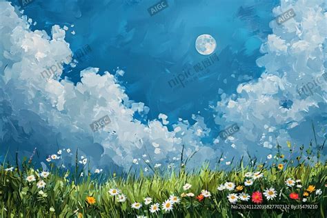 Ai创作图蓝天白云绿草油画 唯美月夜花 蓝天白云花草 花丛蓝天白云背景 草地原画 宽屏风景画 彩云追月花瓣 唯美风景画 美丽的风景画 蓝天白云花丛 自然美景美术绘画 装饰画手绘自然背景 清爽