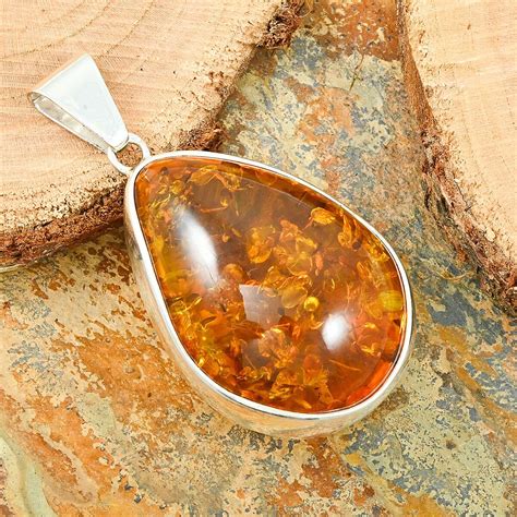 Baltic Amber Drop Pendant In Sterling Silver Without Chain Genuine