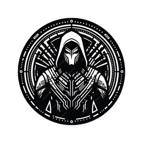 Assasin Silhouete With Cyberpunk Pattern Illustration Premium Ai