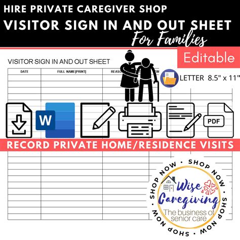 Senior Home Visitor Sign In Sheet Caregiver Visitation Log Word