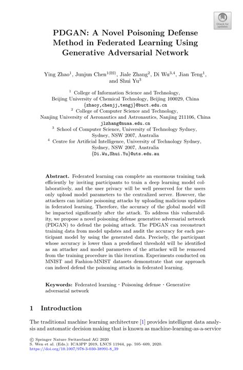Pdf Pdgan A Novel Poisoning Defense Method In Federated Learning