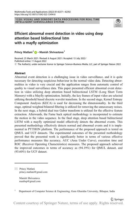 Efficient Abnormal Event Detection In Video Using Deep Attention Based Bidirectional Lstm With A