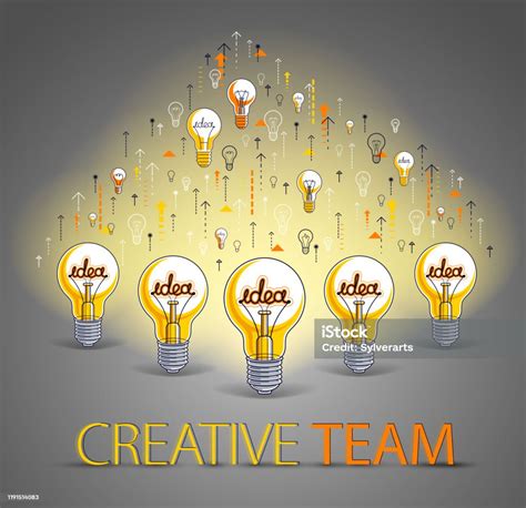 빛나는 전구의 그룹은 함께 작업 아이디어 창조적 인 팀 개념 벡터 일러스트를 가지고 창조적 인 사람들의 팀워크의 아이디어를 나타냅니다 0명에 대한 스톡 벡터 아트 및 기타