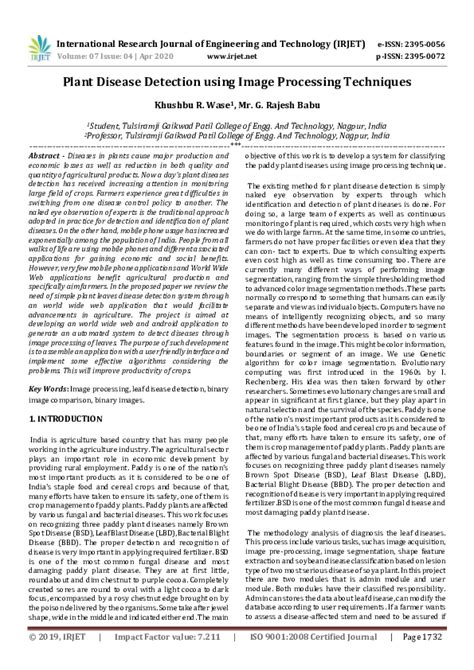 Pdf Irjet Plant Disease Detection Using Image Processing Techniques