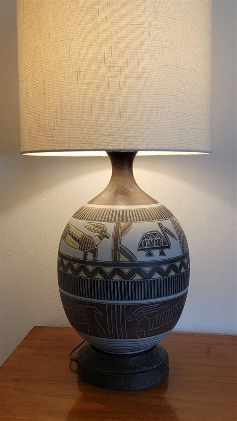 Vtg Mid Century Modern Egyptian Hieroglyph Ceramic Table Lamp 4572245065