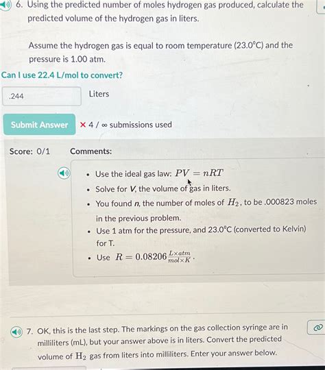 Solved Using The Predicted Number Of Moles Hydrogen Gas Chegg Com