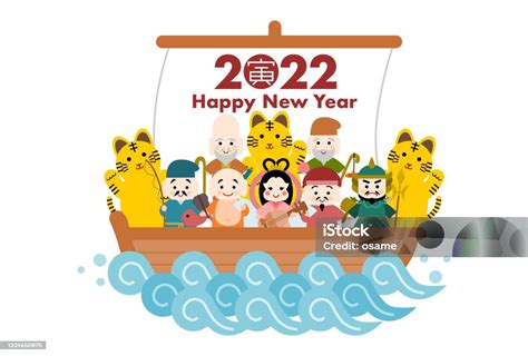 2022 년 새해 카드 호랑이의 해 호랑이와 일본의 행운의 일곱 신 벡터 그림입니다 호랑이 중국어 문자 1월에 대한 스톡 벡터 아트 및 기타 이미지 Istock