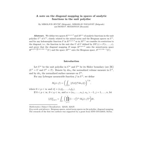 Pdf A Note On The Diagonal Mapping In Spaces Of Analytic Functions In