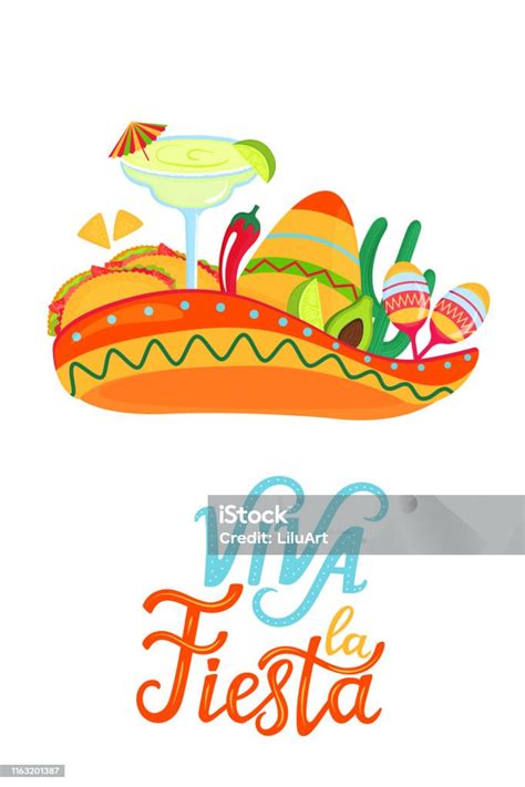 멕시코 솜브레로 마가리타 마라카스 선인장 타코 아보카도 칠리 페퍼 비바 라 피에스타 손 그리기 문자 Cinco 드 마요 및 기타 라틴 어 휴일을위한 축제 포스터 0명에 대한