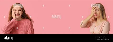 Young Embarrassed Women On Pink Background With Space For Text Stock