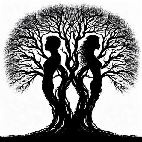 A Towering Male Tree Wraps Its Branches Around A Graceful Female Tree Their Forms Blending In A