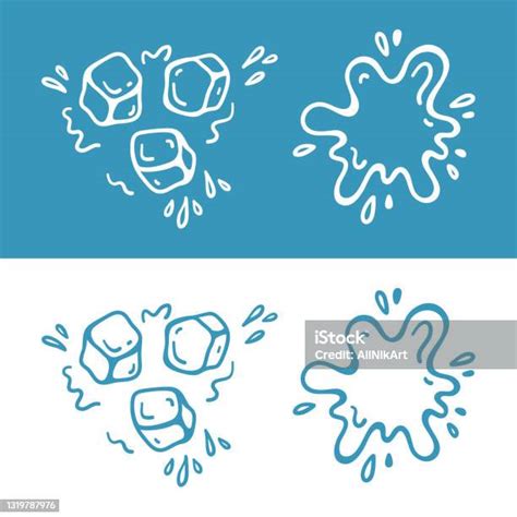 블루 화이트 낙서 얼음 큐브와 물 또는 우유의 물 또는 물 물 방울 벡터 일러스트 각얼음에 대한 스톡 벡터 아트 및 기타 이미지