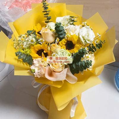 3朵向日葵香槟玫瑰桔梗心中感激永长存 六朵花