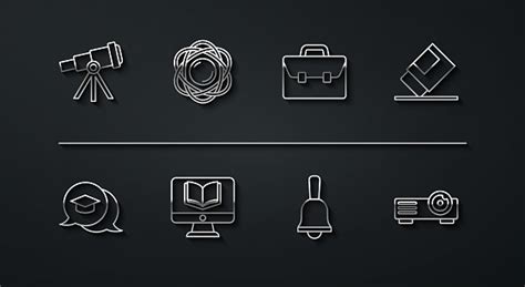 라인 망원경 말풍선의 졸업 모자 지우개 또는 고무 울리는 종 온라인 수업 아톰 영화 필름 미디어 프로젝터 및 서류 가방 아이콘을 설정합니다 벡터 0명에 대한 스톡 벡터 아트