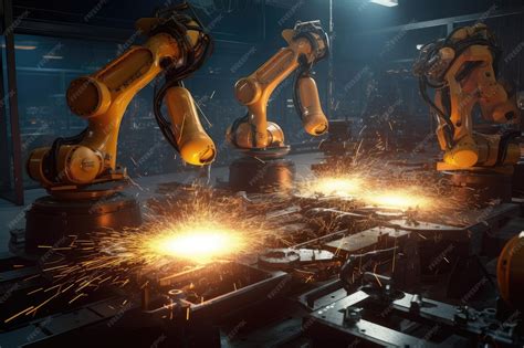 Premium Ai Image Industrial Scene Agile Robots And Sparks In Perfect