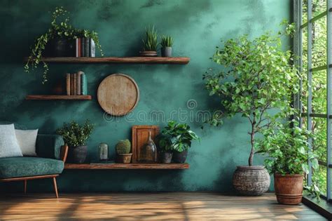 Modern Shelving Unit With Houseplants And Decor Against A Lush Green
