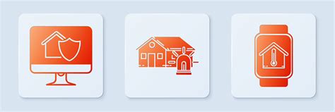 스마트 하우스와 알람을 설정 보호하에 집과 스마트 시계와 컴퓨터 모니터 집 온도 흰색 정사각형 버튼 벡터 가정의 방에 대한 스톡 벡터 아트 및 기타 이미지 Istock