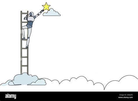 Continuous One Line Drawing Robot Standing On Stairs And Reaching Star On The Sky Humanoid