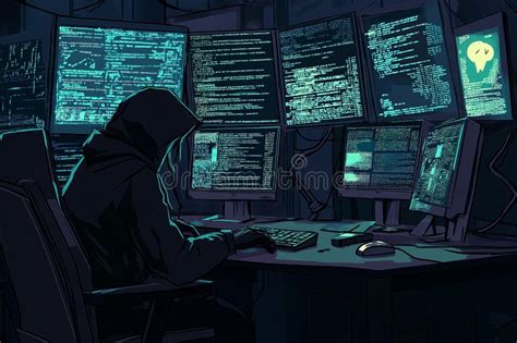 A Hacker S Dark Room With Multiple Monitors Displaying Lines Of Code