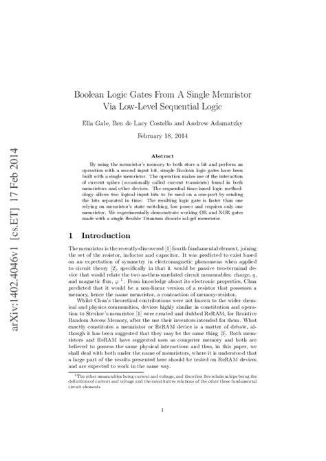 Pdf Boolean Logic Gates From A Single Memristor Via Low Level