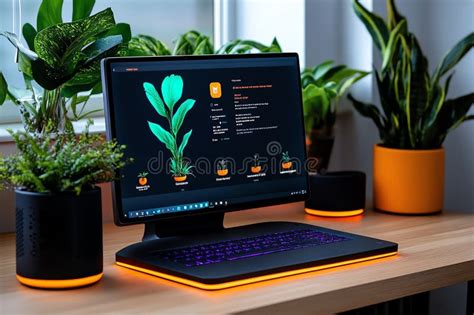 Modern Desktop Setup With A Vibrant Computer Monitor Keyboard And Green Potted Plants