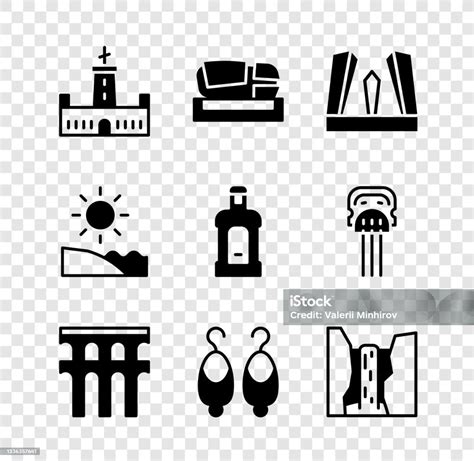 설정 몬주성 스타디움 메스탈라 유럽의 문 수로 세고비아 귀걸이 알가르 폭포 해변과 오루호 아이콘 벡터 0명에 대한 스톡 벡터 아트 및 기타 이미지 Istock