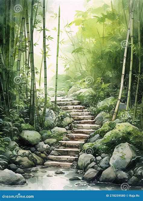 Watercolor Painting Of Bamboo Forest Stock Illustration Illustration