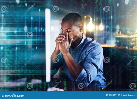 Stress Headache And Code Overlay Of A Black Man Doing Computer Work For Cybersecurity With