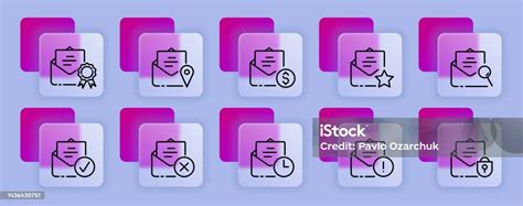 메일 관리 세트 아이콘입니다 저희에게 연락 통신 이메일 편지 보내기 첨부 파일 그림 클립 열린 봉투 사서함 비즈니스 개념 유리