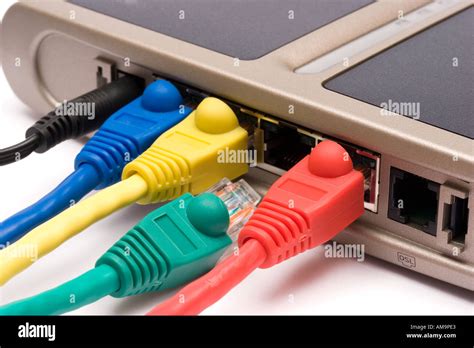 Ethernet Cables Plugged Into Router Against White Background Stock Photo Alamy