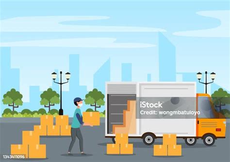 크레인 선 트럭 또는 비행기 운송을 사용하여 상품을 배달하는 개념으로화물 선적 컨테이너 물류 배송 배경 벡터 일러스트레이션 상자에 대한 스톡 벡터 아트 및 기타 이미지