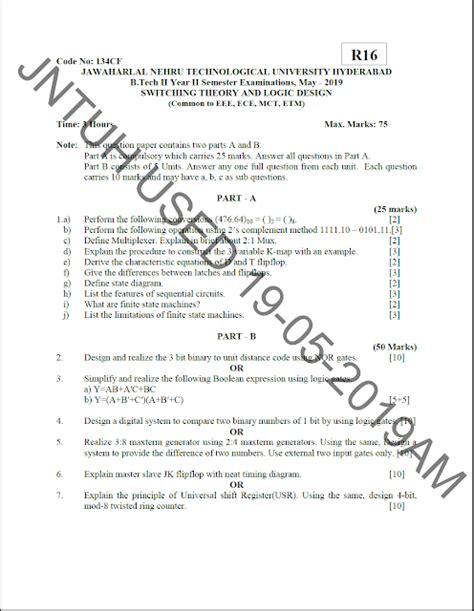JNTUH B Tech Switching Theory And Logic Design May Question