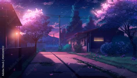 Purple Night City Street Anime Background Wallpaper Stock Illustration