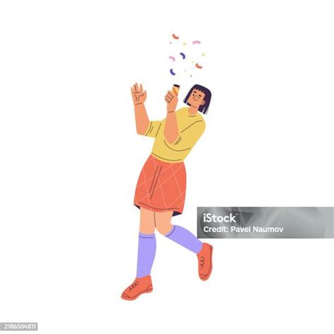 젊은 여자 캐릭터 색종이 불꽃 놀이 벡터 일러스트 레이 션을 설정하는 것 개념에 대한 스톡 벡터 아트 및 기타 이미지 개념 경례 공휴일 Istock