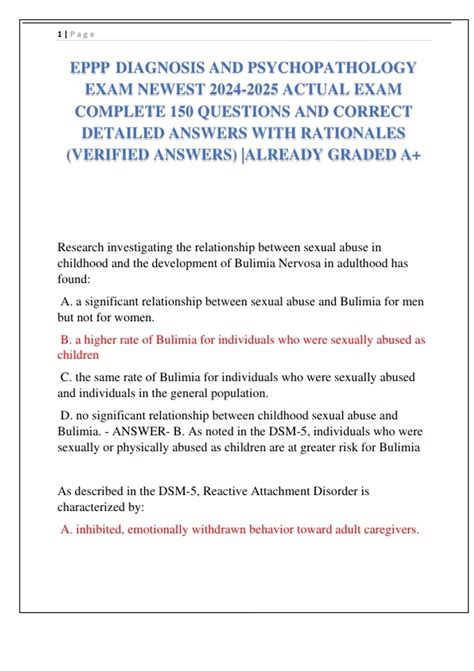 Eppp Diagnosis And Psychopathology Exam Newest Actual Exam Complete 150 Questions And Correct