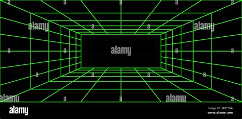 Green Neon Wireframe Grid Room 3d Perspective Background Futuristic Digital Outline Space