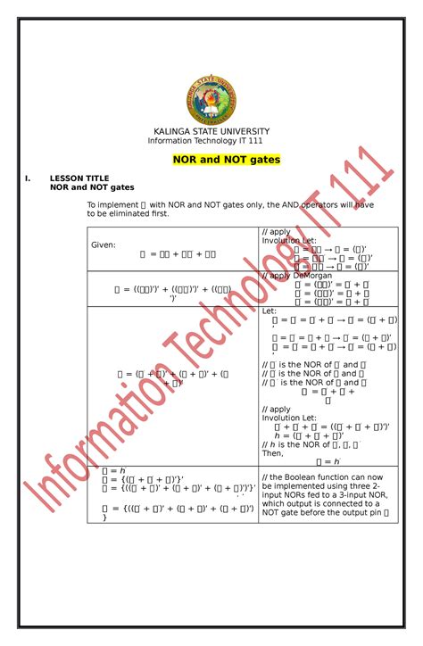 NOR And NOT Gates KALINGA STATE UNIVERSITY Information Technology IT 111 NOR And NOT Gates I