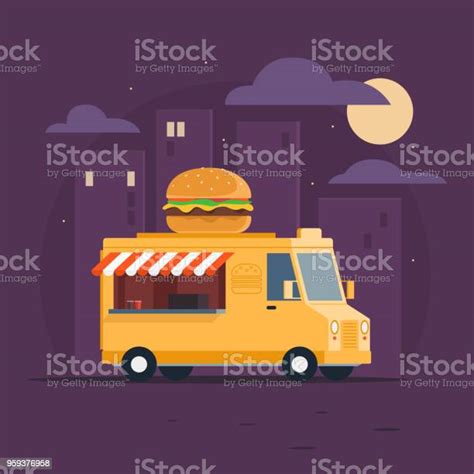 음식 트럭입니다 패스트 푸드 배달 합니다 모바일 식품 자동차입니다 길거리 음식 반입니다 거리에 대한 스톡 벡터 아트 및 기타 이미지 Istock