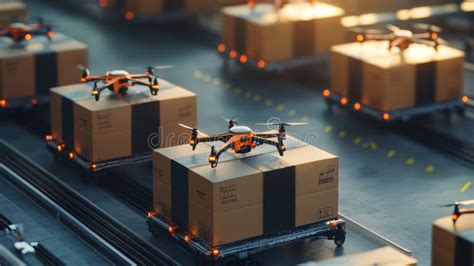 Aerial View Of Automated Distribution Center With Drones And Packages Stock Illustration