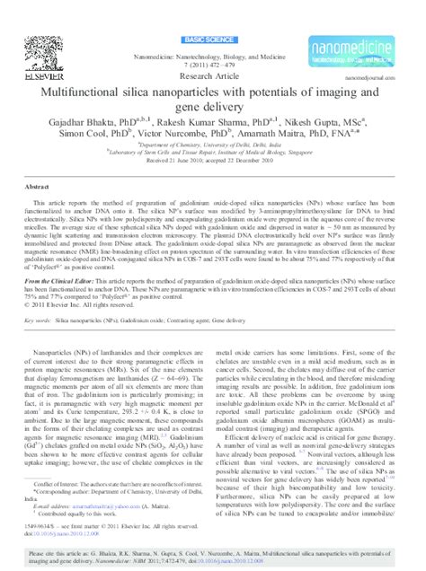 Pdf Multifunctional Silica Nanoparticles With Potentials Of Imaging And Gene Delivery