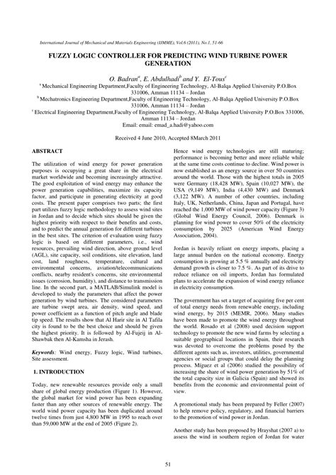 Pdf Fuzzy Logic Controller For Predicting Wind Turbine Power Generation