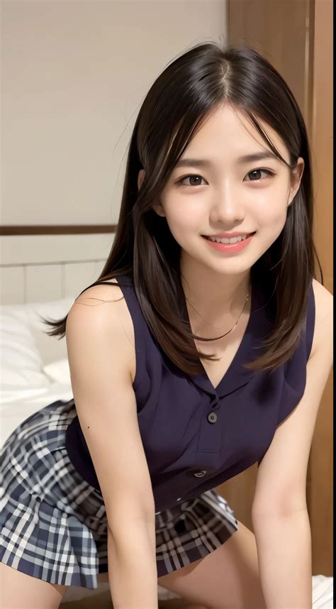 A Close Up Of A Woman In A Skirt And Shirt Posing On A Bed SeaArt AI