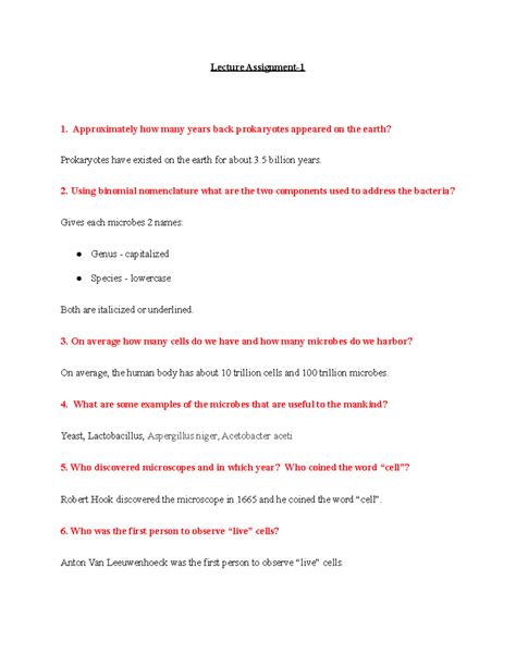 Microbiology Lecture Assignment 1 Lecture Assignment 1 Approximately How Many Years Back