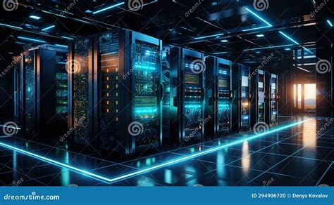 A Modern High Tech Data Center With Several Rows Of Working Servers In