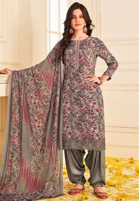 Digital Printed Crepe Punjabi Suit In Grey Indian Suits Online