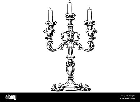 Black Candlestick Engraved In Retro Style On White Background Hand Drawn Doodle Sketch Style