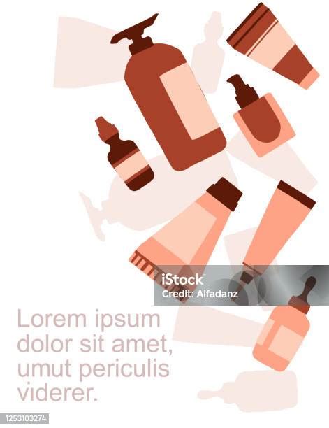 흰색 배경에 플라스틱 패키지 평면 벡터 일러스트에 아이콘 천연 유기 화장품 광고 전단지 또는 인사말 카드 디자인 0명에 대한